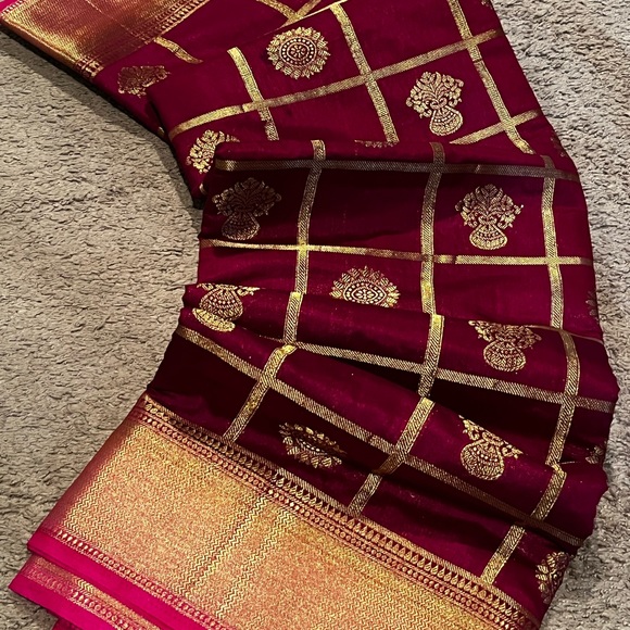 Sarees | Check Silk Saree With Golden Zaree Party Wear | Poshmark